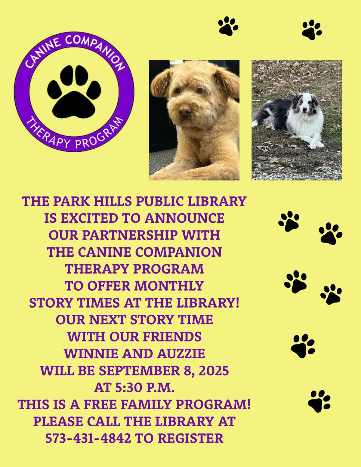 September Canine Companions Story Time — Park Hills Public Library